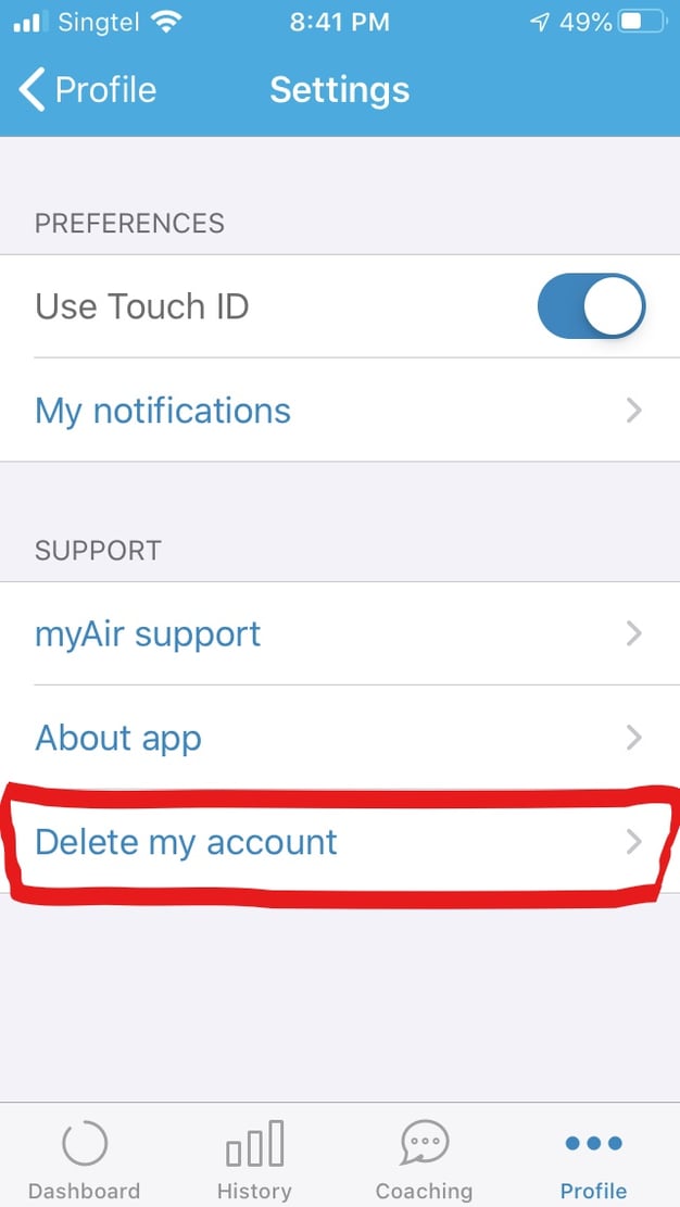 How to delete myAir App account.